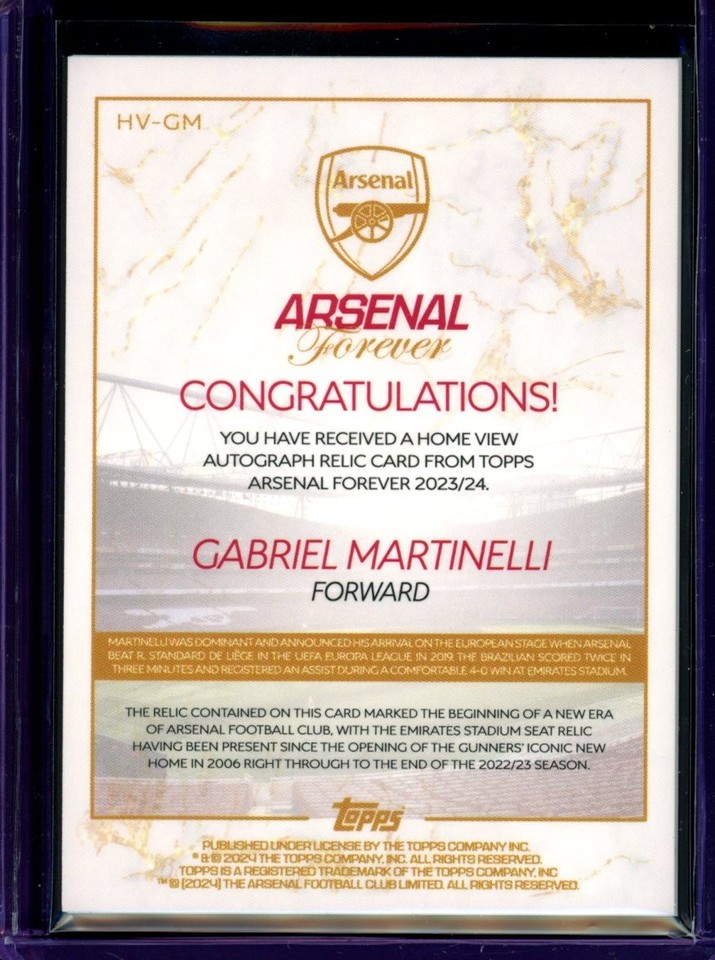 2023-24 Topps Arsenal Forever Seat Relic Auto Gabriel Martinelli /49 | eBay