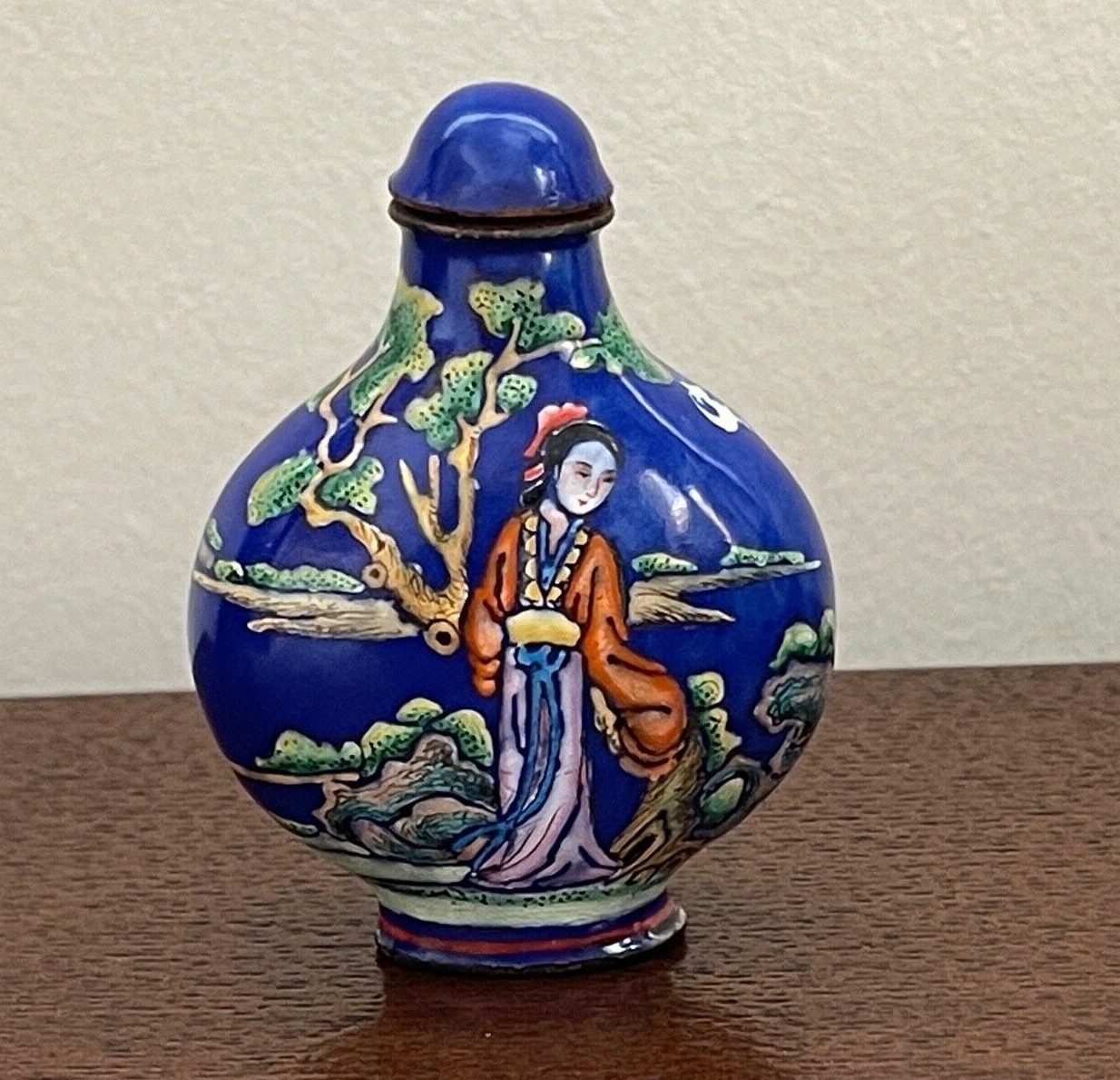 Vintage Chinese Finely Painted Metal Enamel Blue Asian Scene Bottle | eBay
