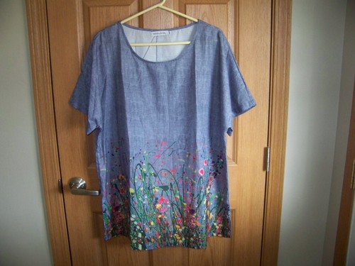 NWOT WOMENS MISLOOK LINEN PULLOVER TOP 2XL GRAY W/FLORALS CUTE CLASSY ...