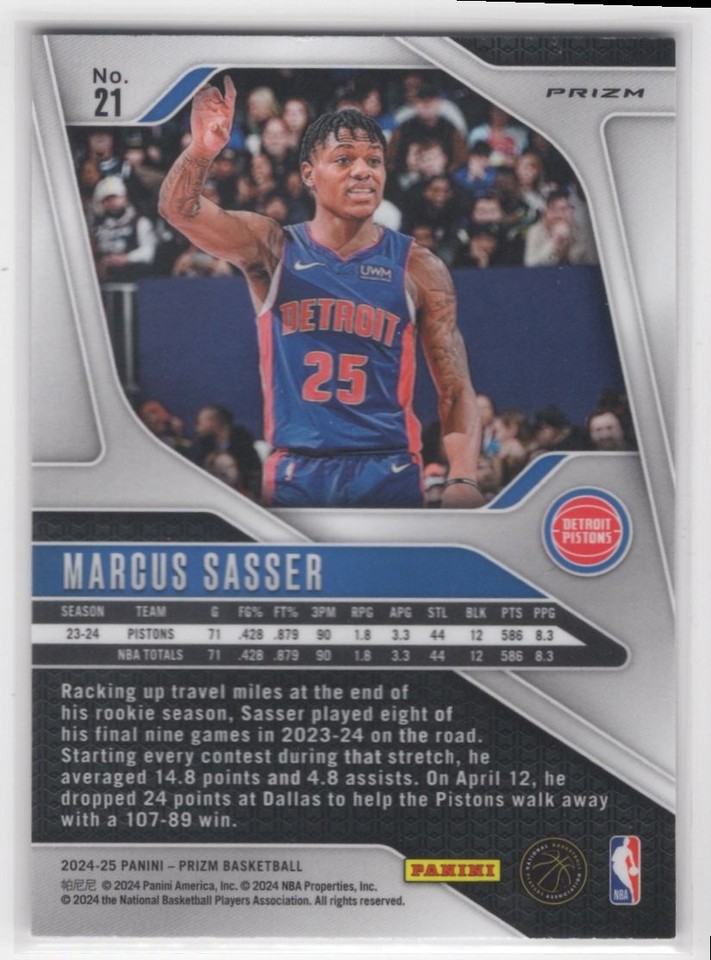 #21 Marcus Sasser 2024-25 Panini Prizm Silver . Detroit Pistons | eBay