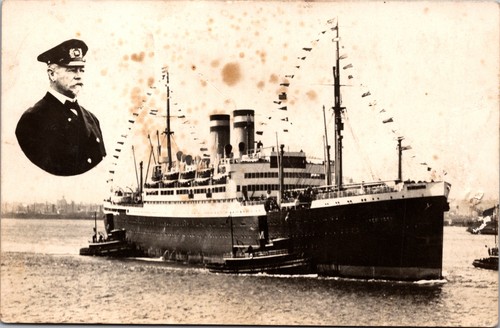 RPPC Ship Ocean Liner with Captain Inset and Tugboats | eBay