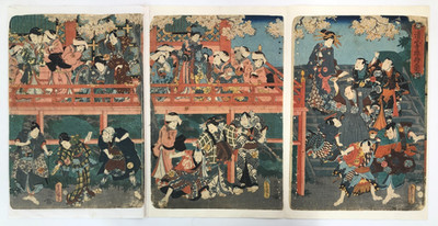 Toyokuni Woodblock Print Triptych: Sakura Viewing at Kiyomizu-dera ...
