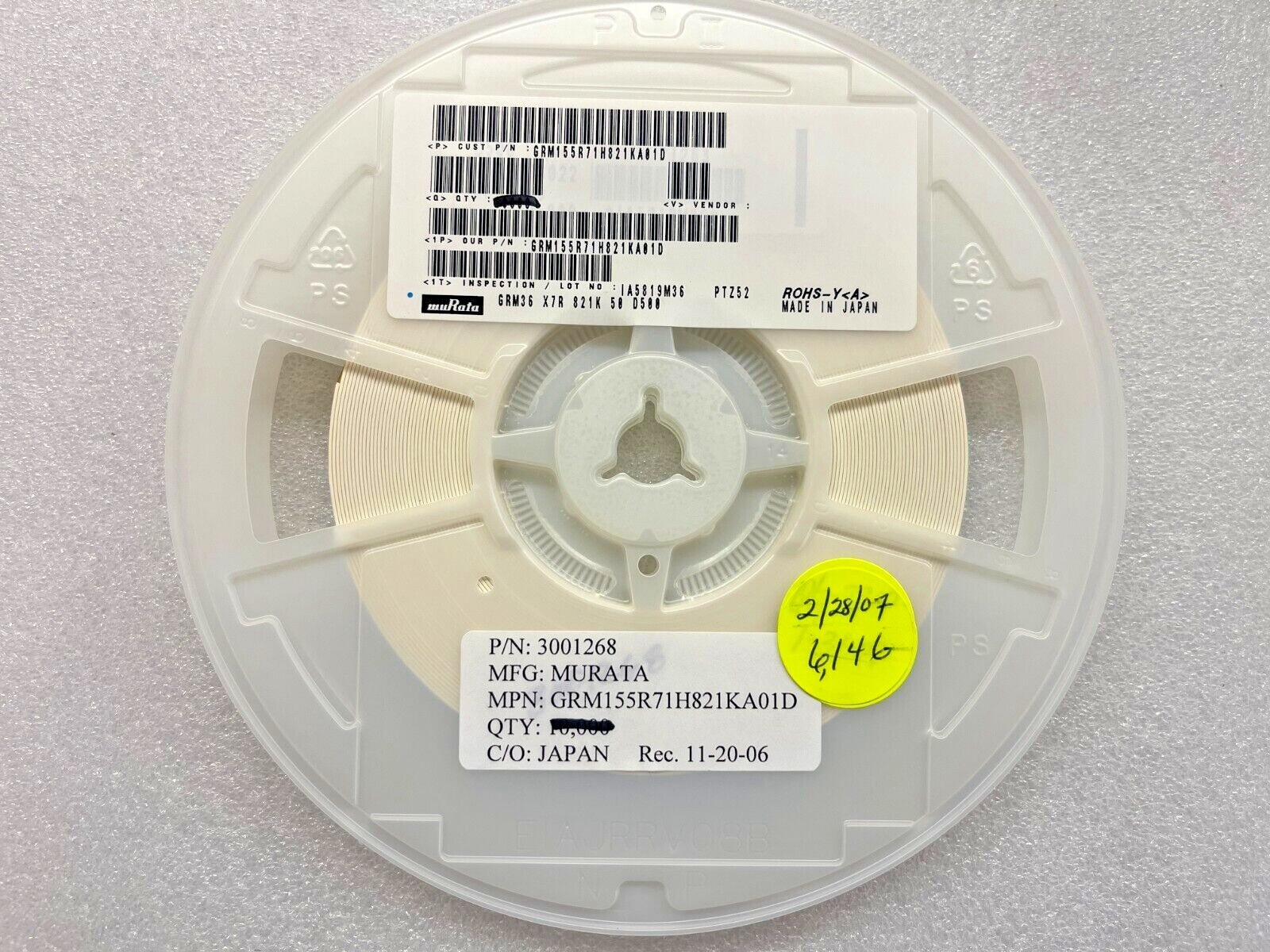 (6,146 PIECE REEL) GRM155R71H821KA01D, MURATA, CAP CER 820PF 50V X7R ...