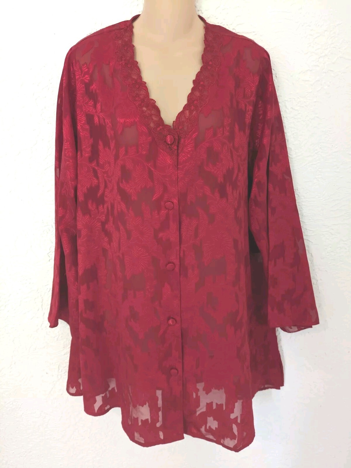 Vintage Adonna Medium Red Sheer Satin Lingerie Button… - Gem