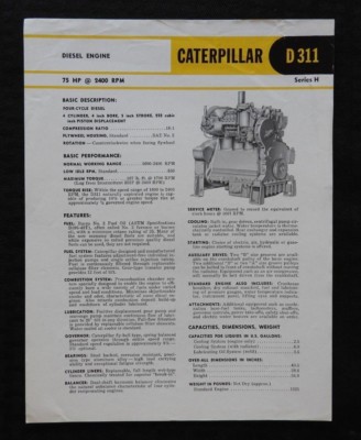 1960 CATERPILLAR "D311 SERIES H DIESEL ENGINE" 75hp BROCHURE | eBay