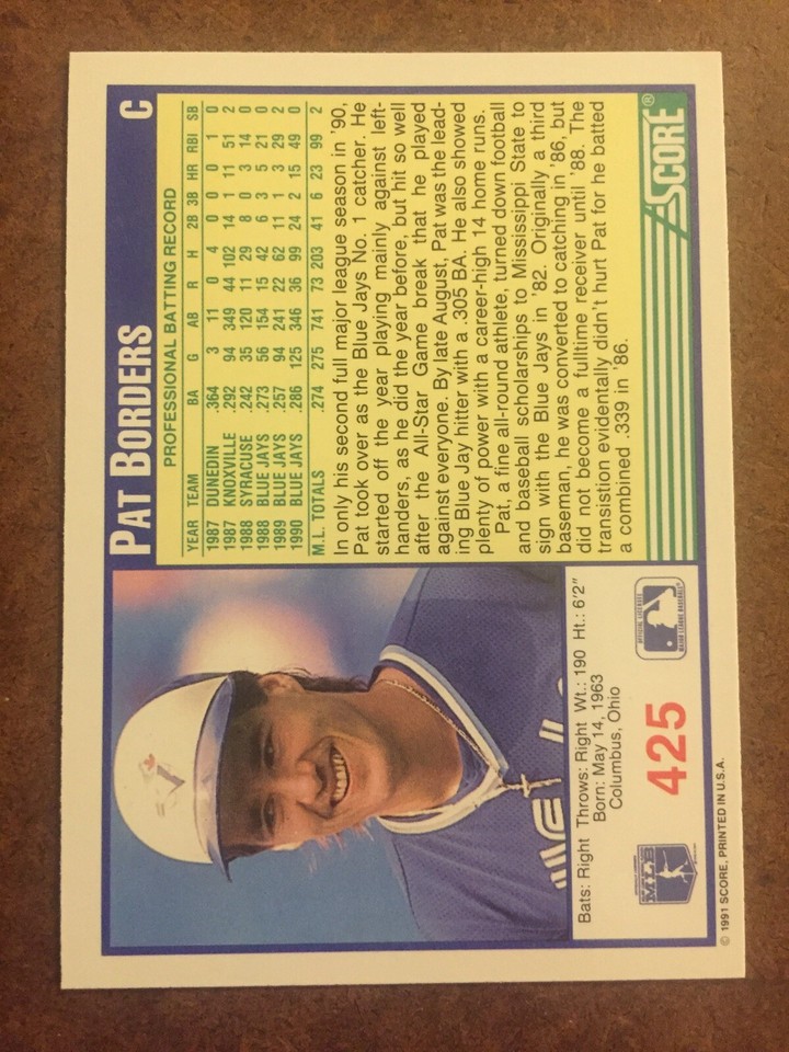Pat Borders 425 Score 1991 MLB Baseball Trading Card | eBay