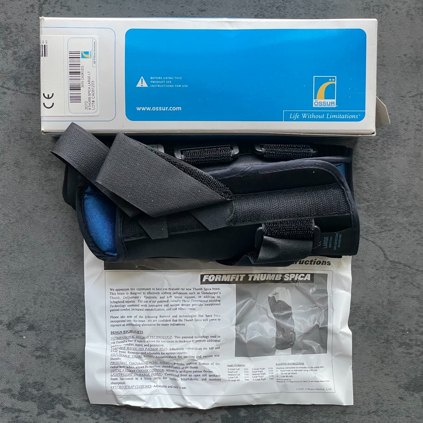 OSSUR FORMFIT #3070 Thumb Spica 8" w/Rigid Splint Size Large Left Black ...