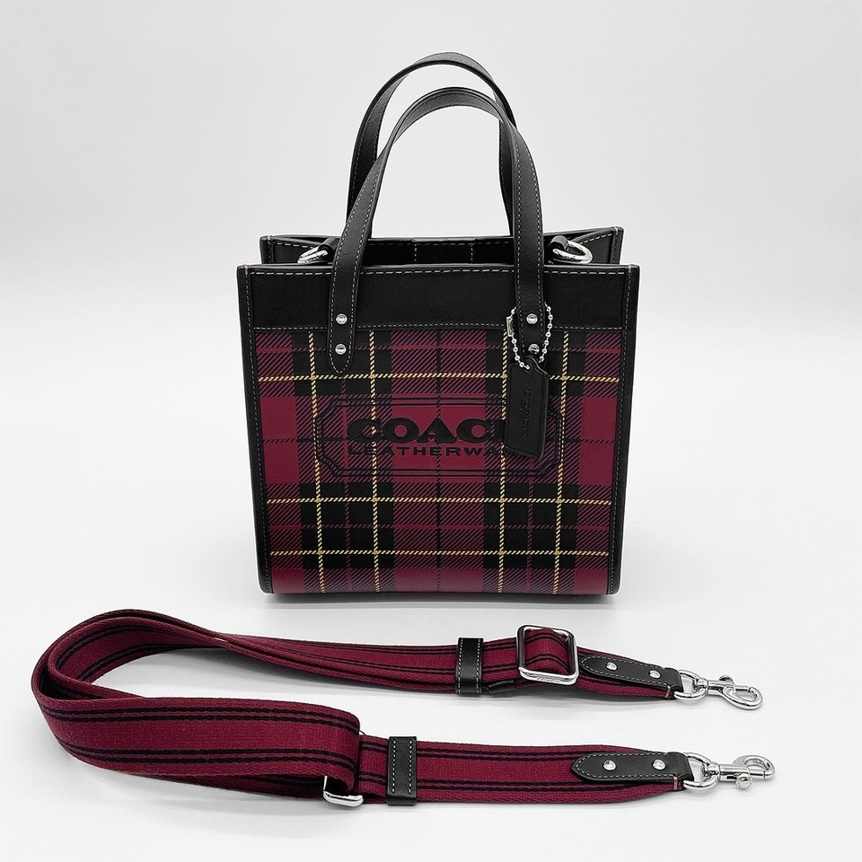 COACH Coach 2WAY Bag CG192 Field Tote 22・Plaid Print Handbag Shoulder ...