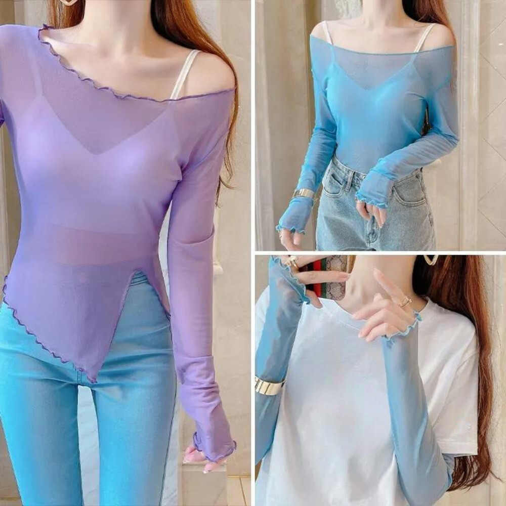Women Girls Mesh Sheer Shirts Tops Blouse Slit Lace Irregular ...
