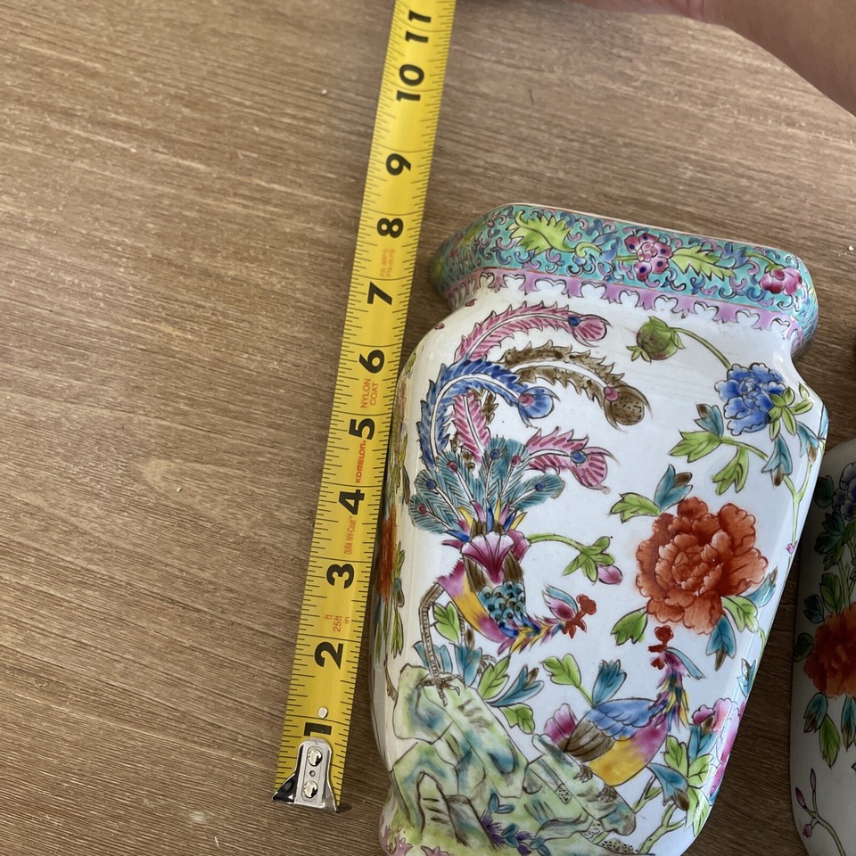 2 Vintage Famille Verte Porcelain Wall Pocket Phoenix Bird Pomegranate ...