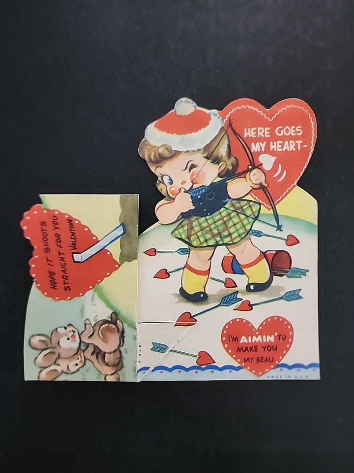 Vtg Valentine Greeting Card Foldout Girl Bow Arrow "HERE GOES MY HEART ...