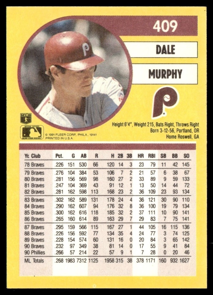 1991 Fleer Dale Murphy Philadelphia Phillies #409 | eBay