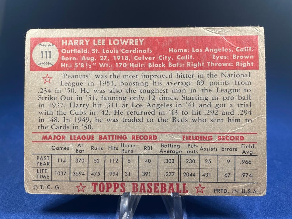 1952 Topps Baseball Low Grade Card Harry Lowrey #111 St. Louis ...