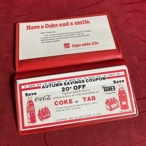 Coca-Cola 1979 Vinyl Wallet w/6 Coupons Tab Sprite Mello Yello Mr. Pibb ...