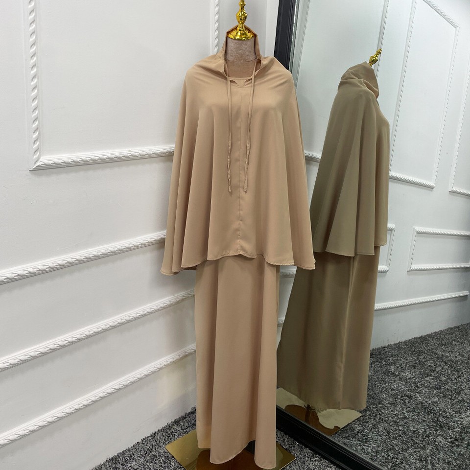 2 Piece Muslim Women Prayer Overhead Hijab Abaya Maxi Dress Set Kaftan ...