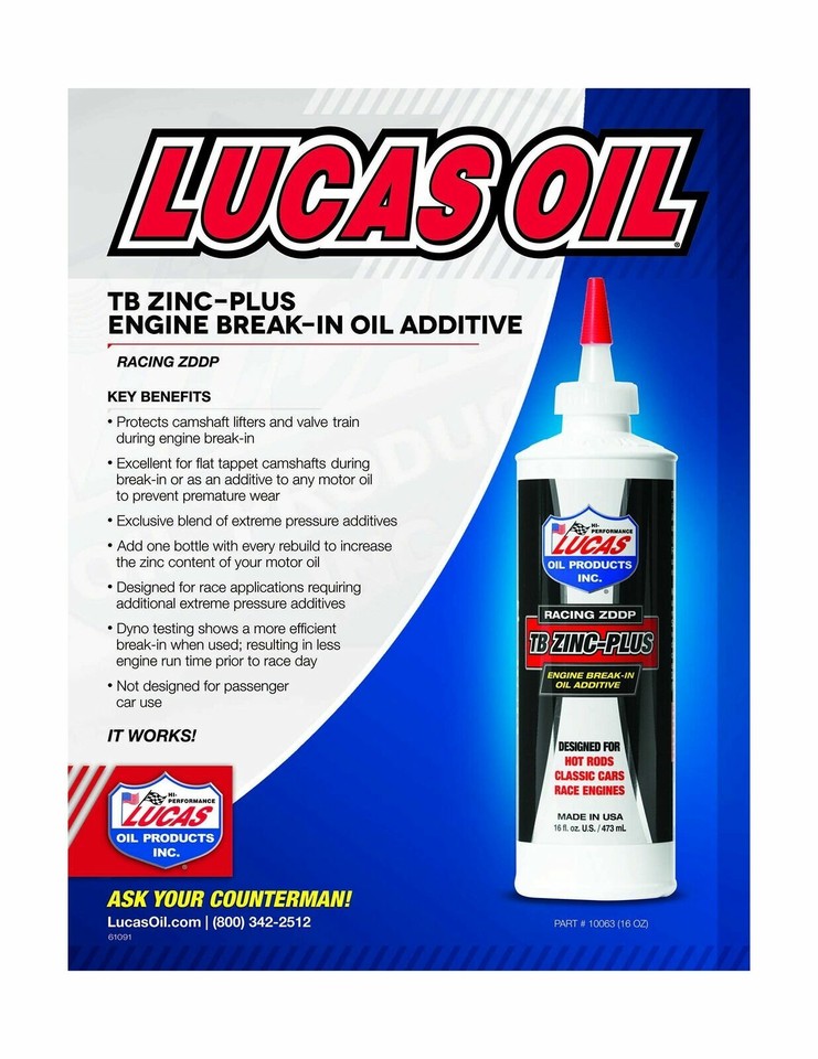 Lucas 10063 TB Zinc-Plus Engine Break-In Oil Additive High-Zinc 16 Oz ...