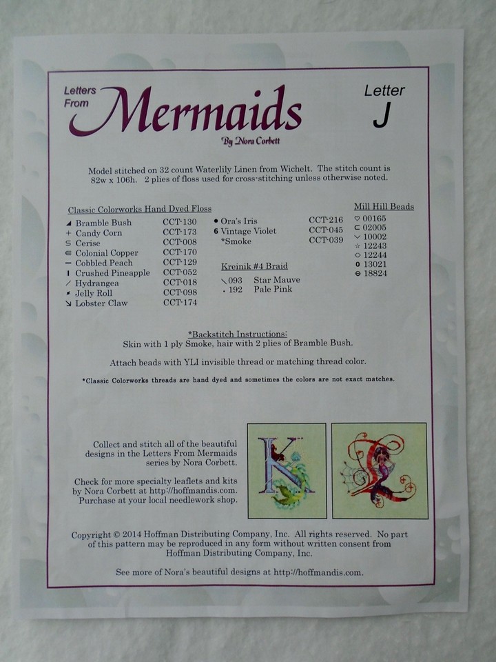 Letters From Mermaids Cross Stitch Pattern J By Nora Corbett | eBay