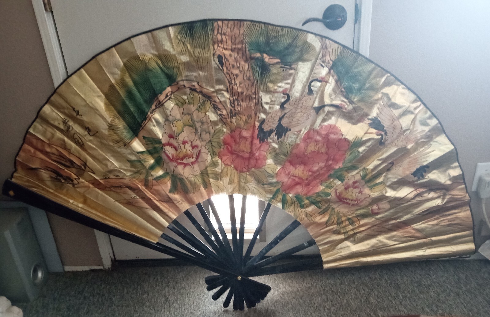 Huge Japanese Wall Fan ~ Gold w/Flowers, Trees, and Cranes (Birds) | eBay