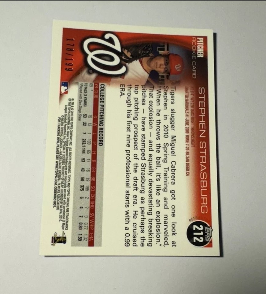 2010 Topps Chrome #212 Stephen Strasburg Rookie Blue Refractor /199 RC ...