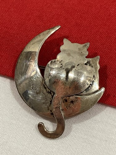 Vintage FAR FETCHED 925 Sterling Silver CATS ON CRESCENT MOON Brooch ...