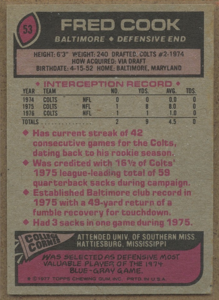 1977 Topps #53 Fred Cook Baltimore Colts | eBay