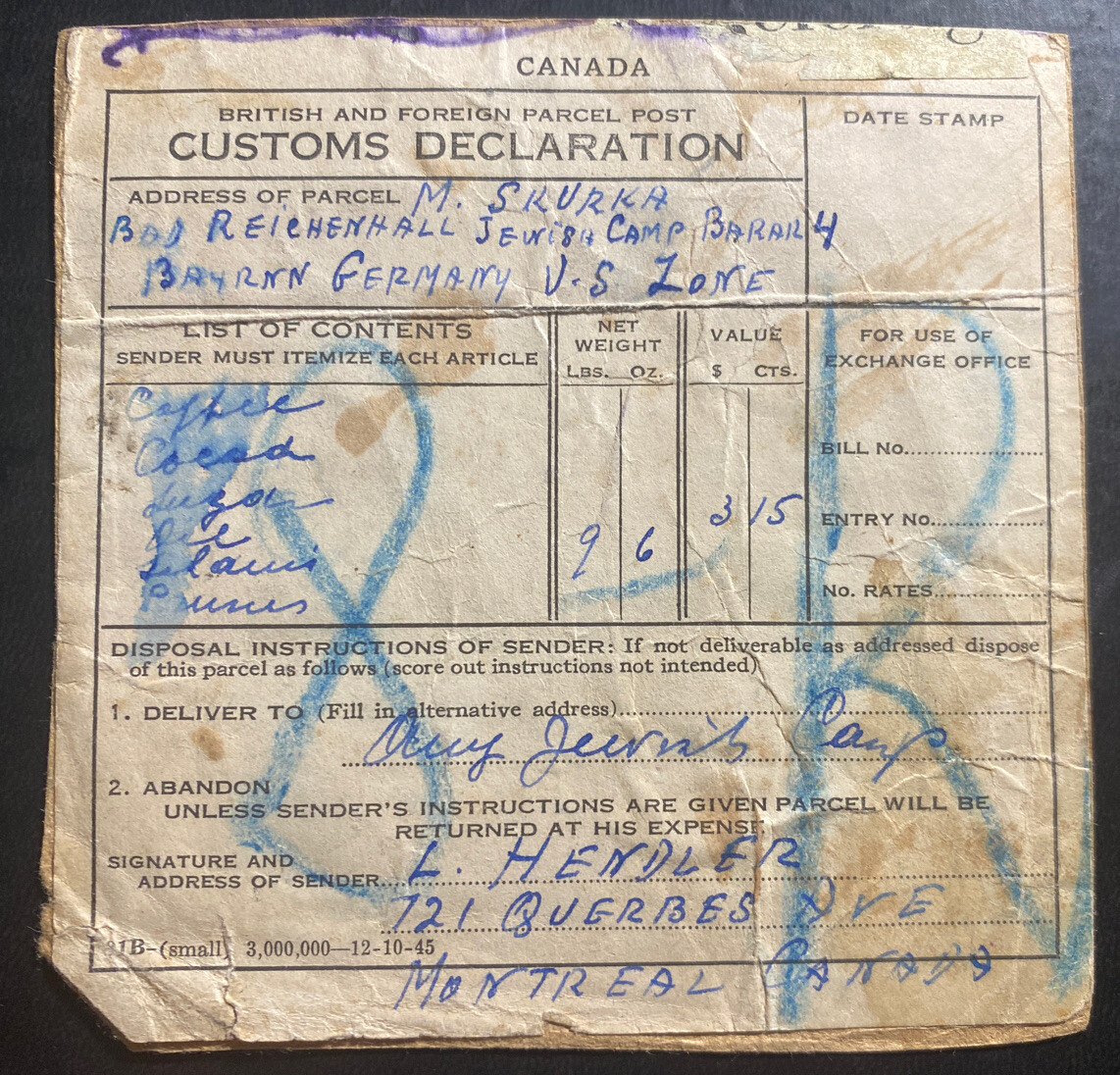 WW2 Montreal Canada Customs Declaration Card Reichenhall Jewish DP camp ...