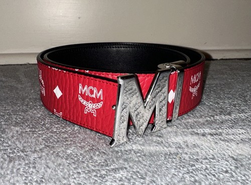 MCM Reversible Belt red Visetos monogram black silver “M” buckle | eBay