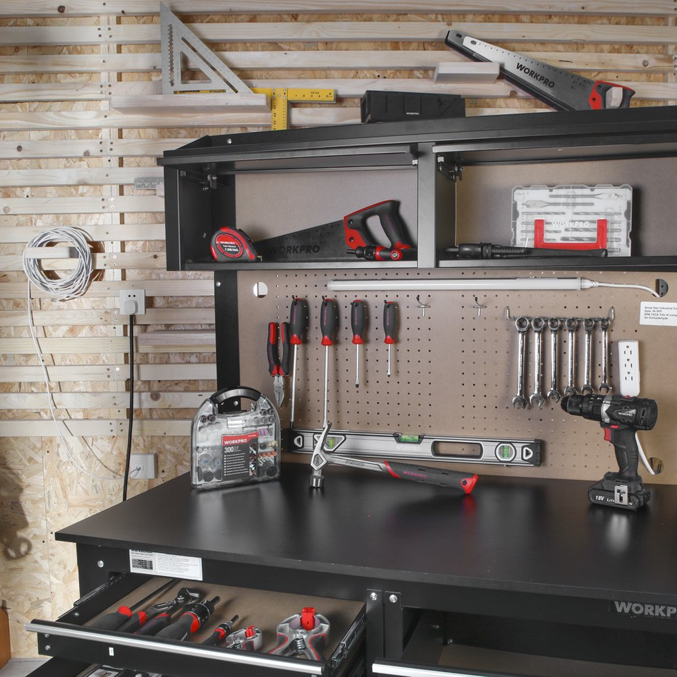 GARAGE WORKBENCH CABINET COMBO 4-Ft with Light and Tool Pegboard, Steel ...
