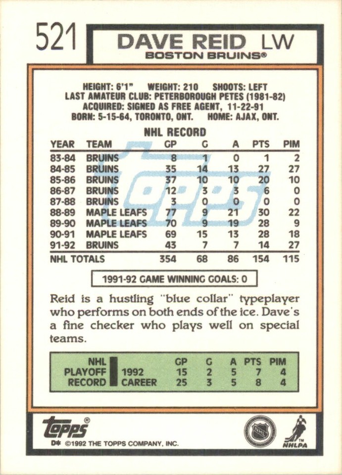 1992-93 Topps NHL Dave Reid #521 | eBay