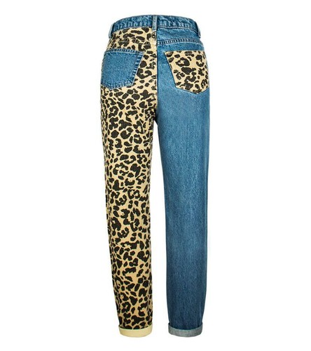 Women's Denim Blue Leopard Printed Mixed Tapered Jeans Casual Comfort ...