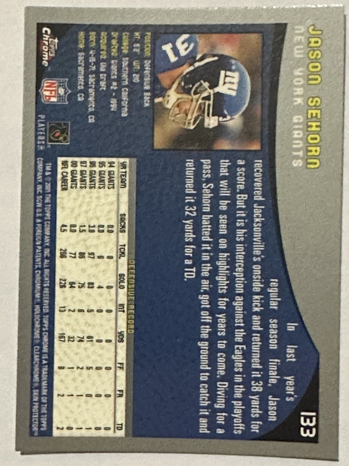 2001 Topps Chrome Football Card #133 Jason Sehorn | eBay