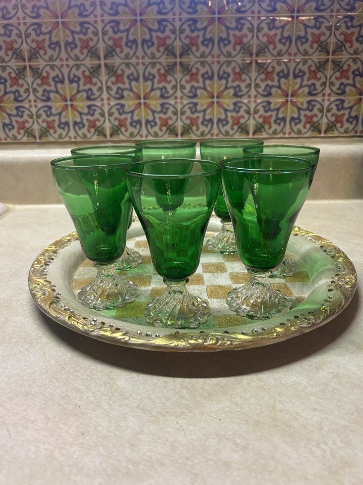 7 VINTAGE MCM ANCHOR HOCKING FOREST GREEN BURPLE GLASSES CLEAR BUBBLE ...