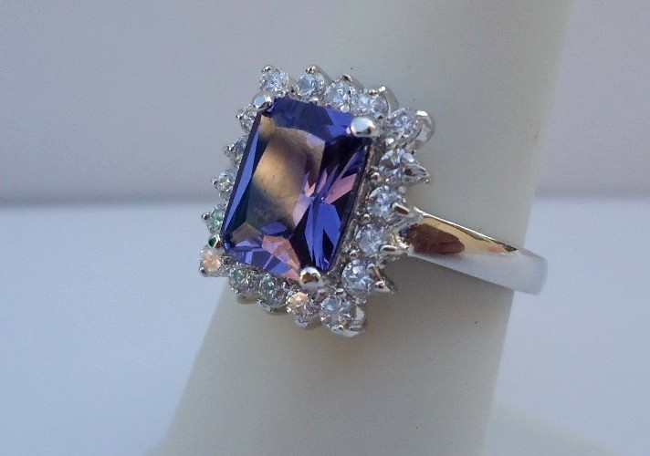 SQUARE FACE BLUE CENTER BRIDAL RING WITH LAB SIMULATED DIAMONDS ...