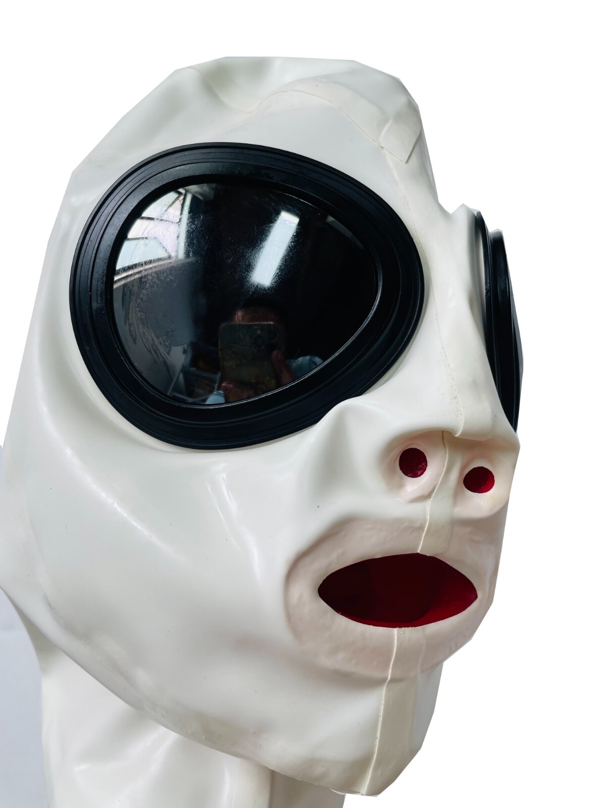 White latex mask full cover with eye glass 15cm long nose tube and red ...