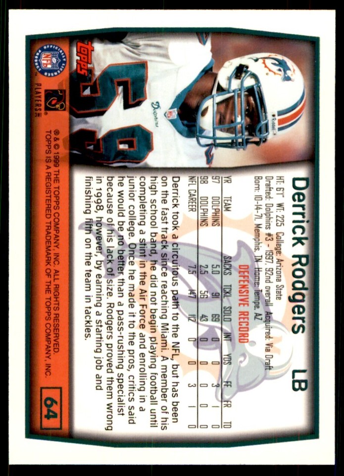 1999 Topps Derrick Rodgers Miami Dolphins #64 | eBay