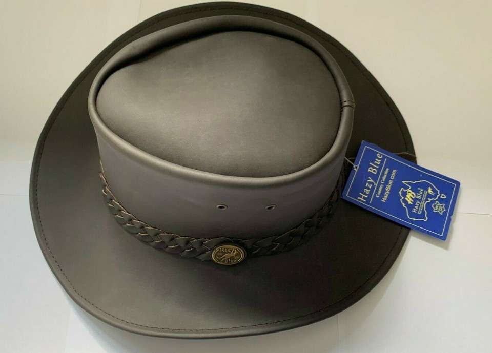 Hazy Blue Aussie Style Outback Leather Bush Wide Brim Hat Waterproof ...