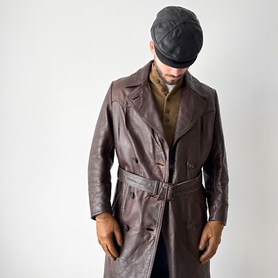 1950s Vintage British Dispatch Rider Brown Leather Belted Trench Coat ...