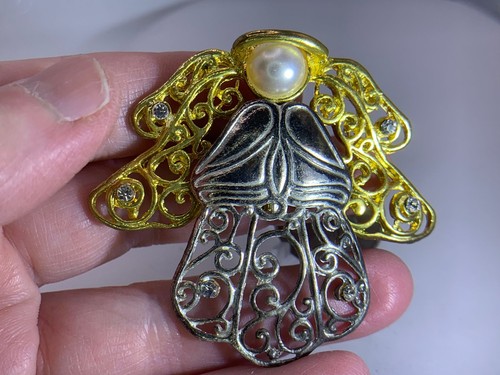 Christmas Angel Pearl Rhinestone Vintage Bi-Metal Brooch Pin V-7258 | eBay