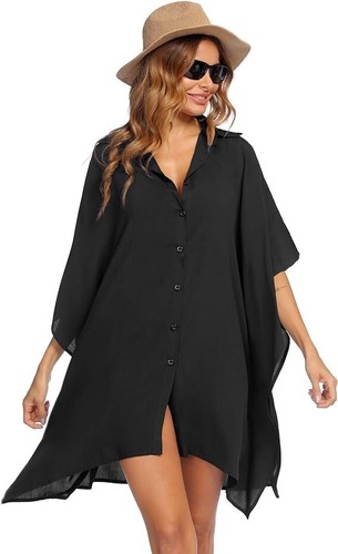 Ekouaer Swimsuit Bikini Cover-Up 3/4 Sleeve Beachwear Button Down Black ...