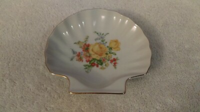 Royal Crown candy or trinket dish shell shaped colorful roses gold ...