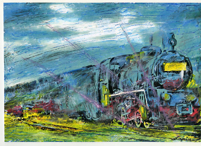 11" Pastel Art Railroad Steam Blue Train Locomotive Landscape Sky ...