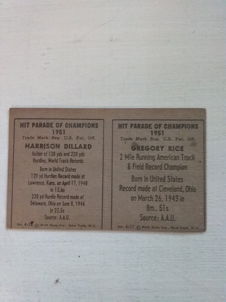 1951 Berk Ross Hit Parade of Champions Panels Gregory Rice Harrison ...