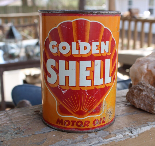 Original 1940s GOLDEN SHELL MOTOR OIL Old Soldered Seam Tin 1 qt. Can ...