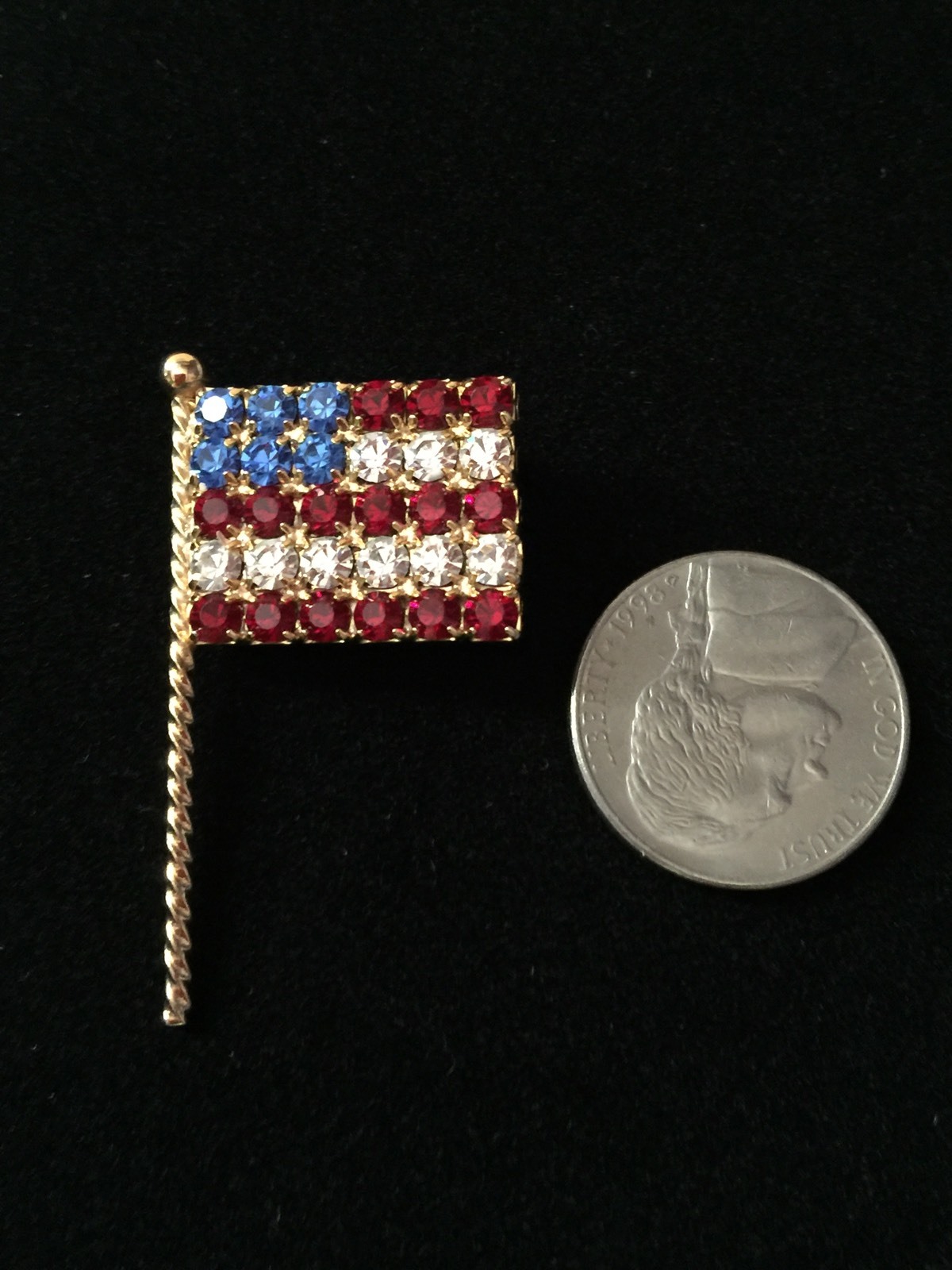 American Flag Brooch Pin Gold Tone Rhinestones Patriotic Collectible ...