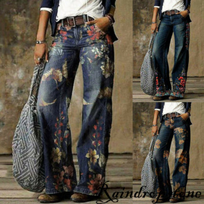 Retro Women Floral Printed Wide-leg Jeans Casual Denim Vintage Long ...