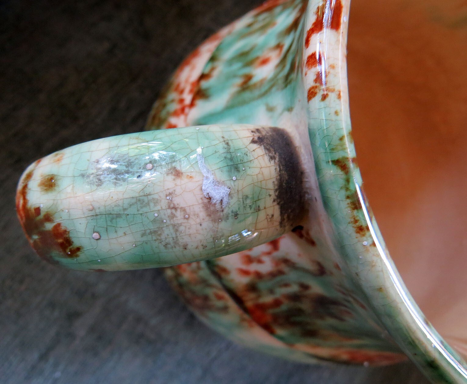 Antique Spongeware Pitcher Cream background w/ Green & Brown 7.5” Tall ...