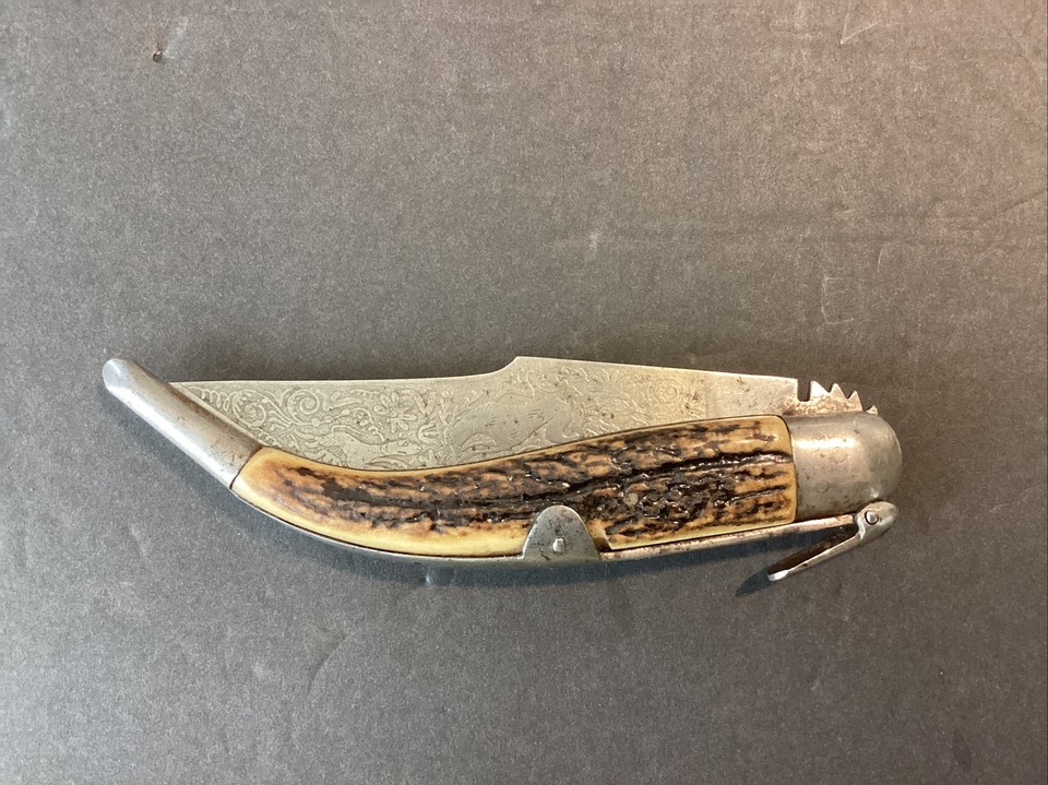 Rare Navaja Ratcheting Folding Spanish Knife Stag Horn Hunting Scene ...