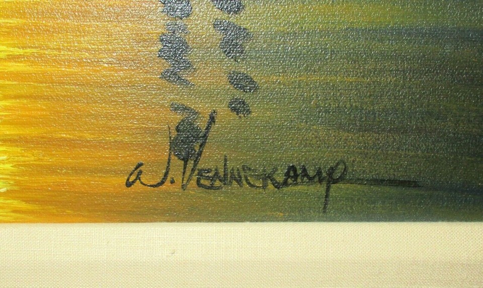 W. VENNEKAMP SAIL BOAT AT PORT LARGE OIL ON CANVAS SUNSET SEASCAPE ...
