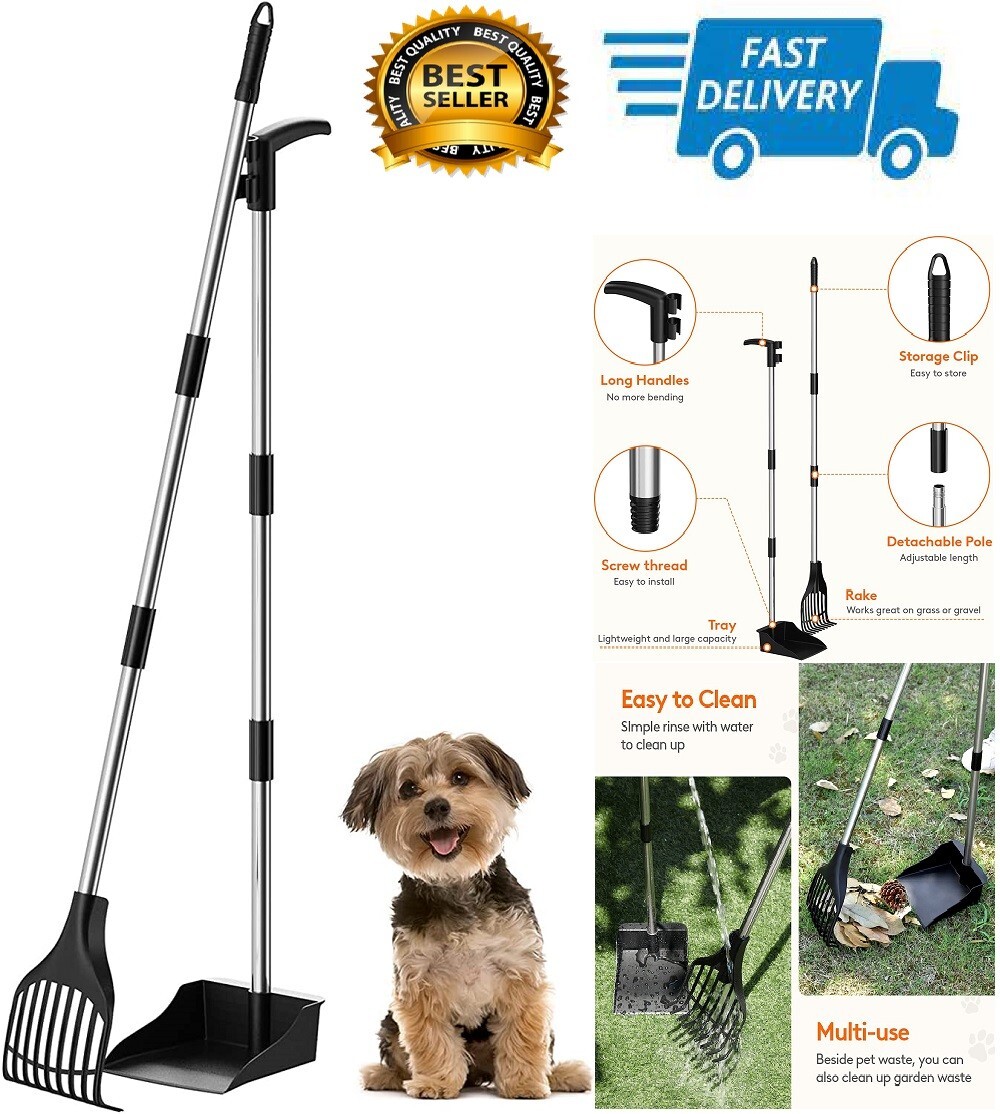 Pooper Scooper For Medium Dogs Adjustable Long Handle Metal Tray Rake ...