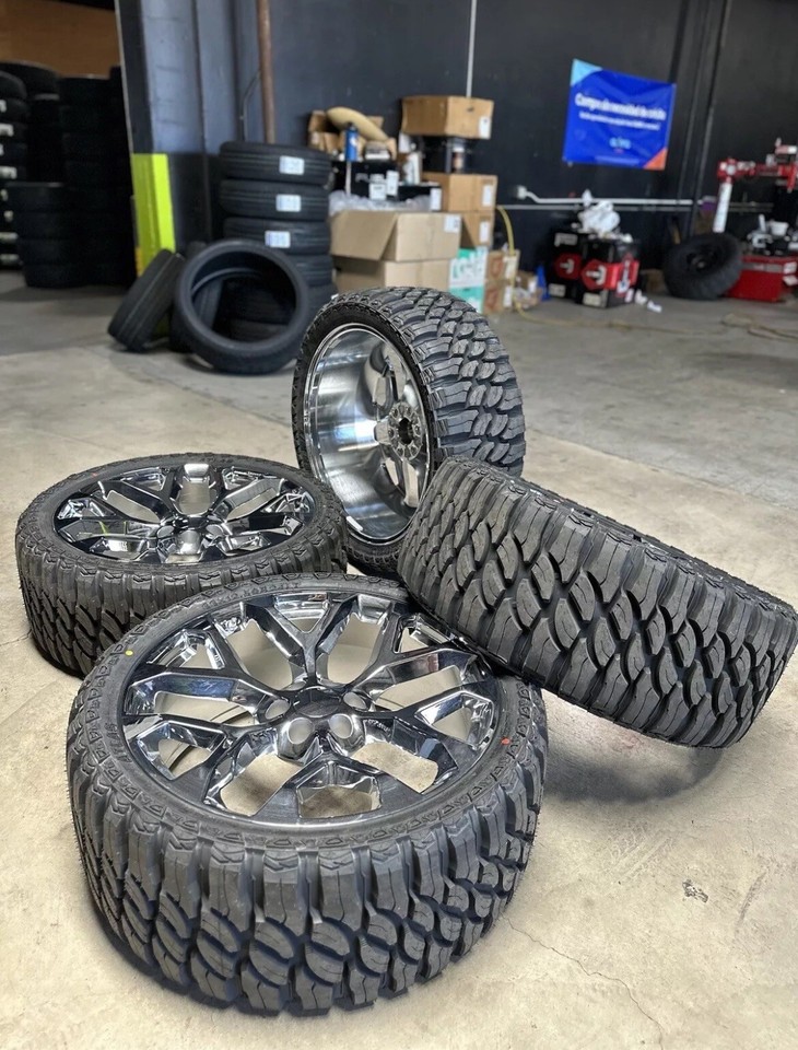 24” SNOWFLAKE CHROME WHEELS RIMS MT TIRES CHEVY SILVERADO TAHOE GMC ...